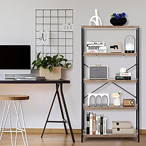 Tangkula 5-Tier Bookcase, Rustic Industrial Bookshelf, Decor Accent Display for Home, Office, Living Room, Bedroom, Wood Shelves w/Metal X-Shaped Frame, Display Bookshelf (Grey)