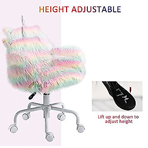 HOMCOM Fluffy Unicorn Office Chair with Mid-Back and Armrest Support, 5 Star Swivel Wheel White Base, Rainbow