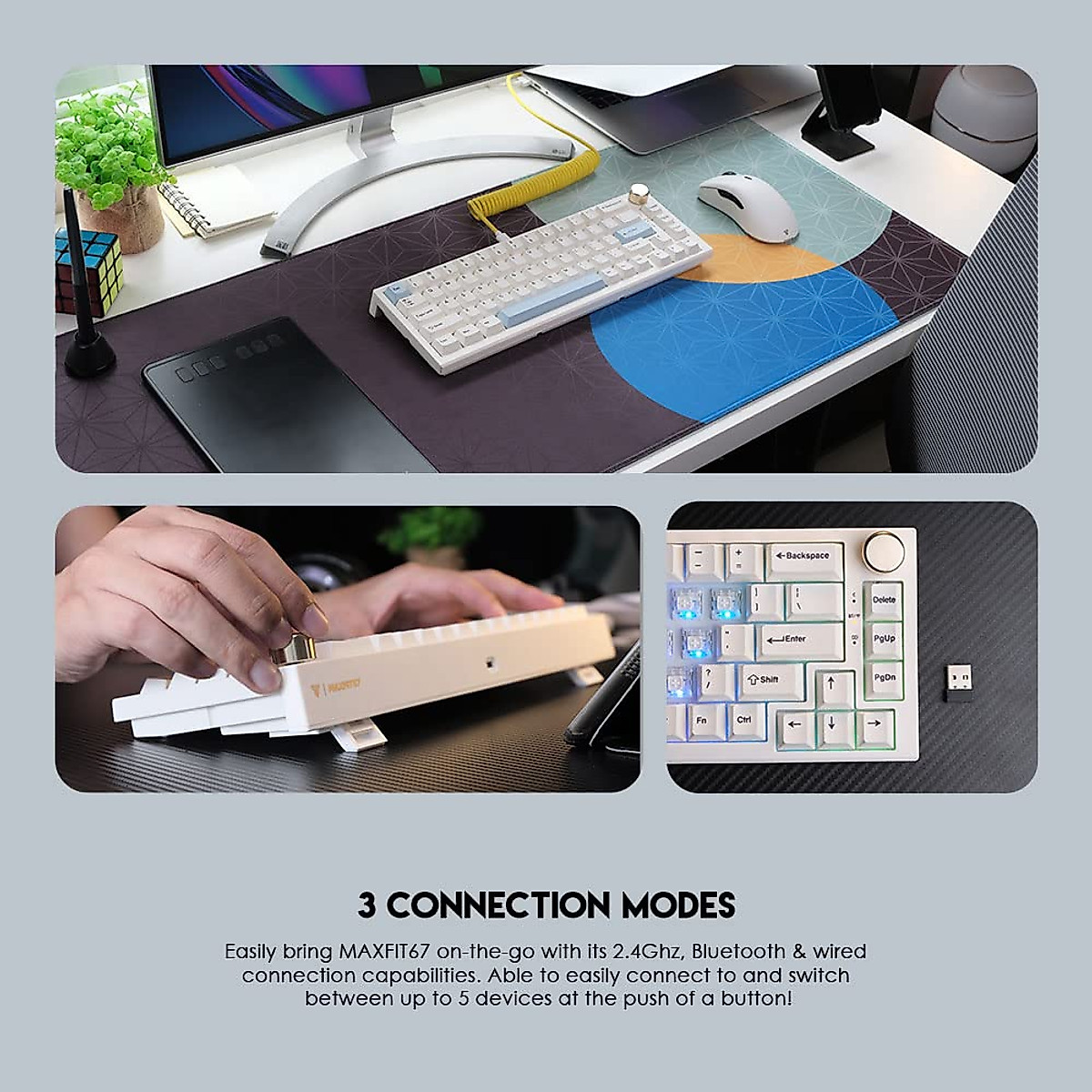 FANTECH MAXFIT67 3-Mode Custom Mechanical Gaming Keyboard RGB Backlit, 65% (67-key) Hot Swappable Type-C Wired South Facing Mechanical Keyboard, Kailh White Switch, Black