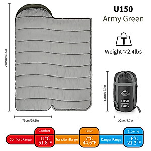 Naturehike Outdoor Camping Portable Hollow Cotton Square Sleeping Bag Winter Single Thick Cotton Sleeping Bag with Cap (Army Green, U150)