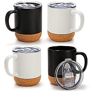 SOUJOY Set of 4 Cork Base Coffee Mug, 13oz Ceramic Mug with Insulated Cork Bottom and Spill proof Lids, Tea Mug Gift Set for Women Men