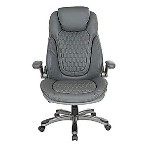 Office Star ECH Series Deluxe Executive High Back Bonded Leather Chair with Adjustable Seat and Padded Flip Arms, Grey with Titanium Nylon Base