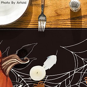 Artoid Mode Black Pumpkins Spider Web Halloween Table Runner, Seasonal Fall Kitchen Dining Table Decoration for Home Party Decor 13x72 Inch