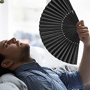 Minelife 2 Pack Bamboo Silk Folding Fan Handheld, Chinese Vintage Retro Fabric Fans, Black Hand Fan for Performance, Dance, Fighting, Wedding, Church, Party & Gift