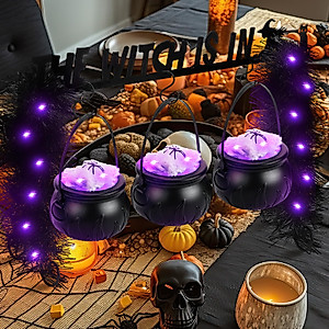 Halloween Witch Cauldron Candy Serving Bowl Halloween Punch Bowl Lighting Party Decorations for Table Kitchen Indoor Outdoor Halloween Candy Holder with Iron Rack and Garland Spiders
