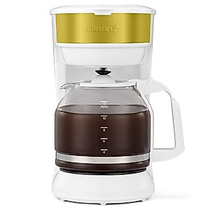 Holstein Housewares 12-Cup Drip Coffee Maker with Auto Keep Warm and Permanent Filter - Compact and User Friendly Design in White/Gold Color with Auto Pause and Serve Functions