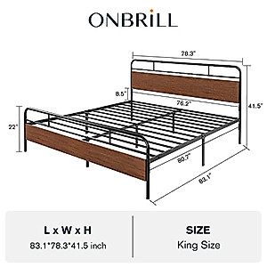 ONBRILL King Size Metal Bed Frame with Curved Wooden Headboard and Footboard, Mattress Foundation Platform Bed Frame with Under Bed Storage, No Box Spring Needed, Modern, Walnut