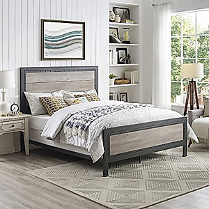 Walker Edison Rustic Farmhouse Wood and Metal Queen Metal Bed Headboard Footboard Bed Frame Bedroom, Queen, Grey Wash