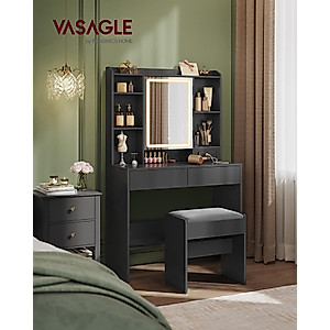 VASAGLE Vanity Desk with Power Outlets, Makeup Vanity with Mirror and Lights, Upholstered Vanity Stool, Dimmable LED Lights, 6 Compartments, 2 Drawers, for Bedroom, Ink Black URDT031B01