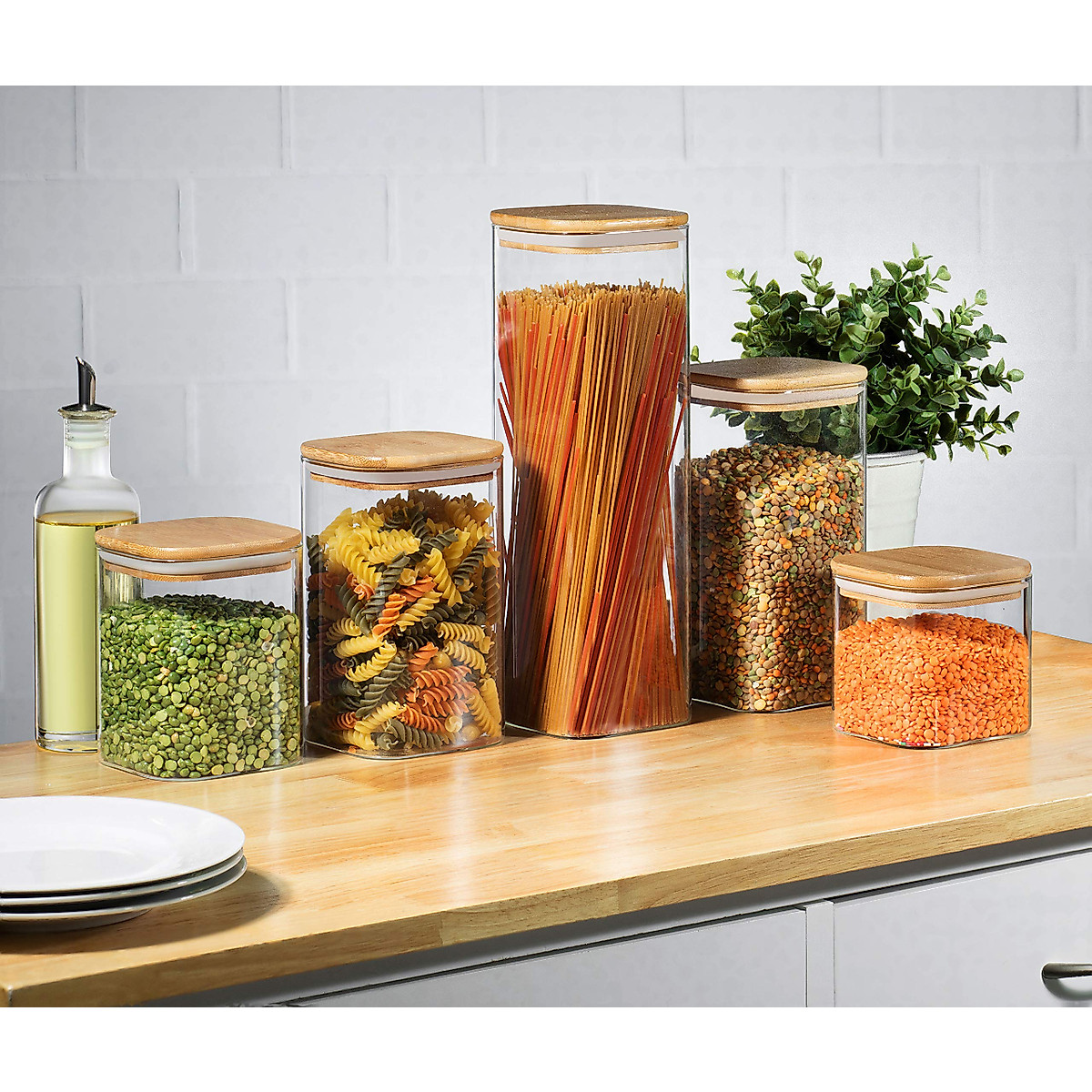 5 Square Canisters, Glass Kitchen Canister with Airtight Bamboo Lid, Glass Storage Jars for Kitchen, Bathroom and Pantry Organization Ideal for Flour, Sugar, Coffee, Candy, Snack & More