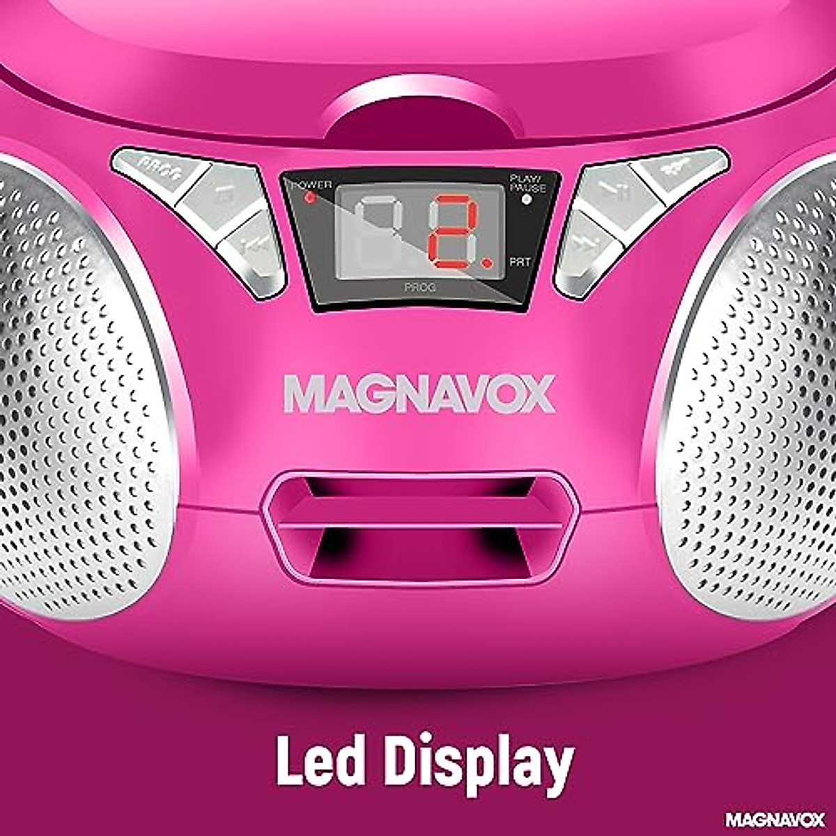 Magnavox MD6924 Portable Top Loading CD Boombox with AM/FM Stereo Radio in Black | CD-R/CD-RW Compatible | LED Display | AUX Port Supported | Programmable CD Player | (Pink)