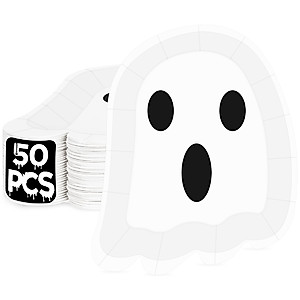 QZYL 50 PCS Halloween Plates, 7.6'' X 6.8'' Ghost Plates, Disposable Halloween Paper Plates with Ghost Design, White Halloween Party Plates for Halloween Decorations Party Supplies Decor Ghost Decor