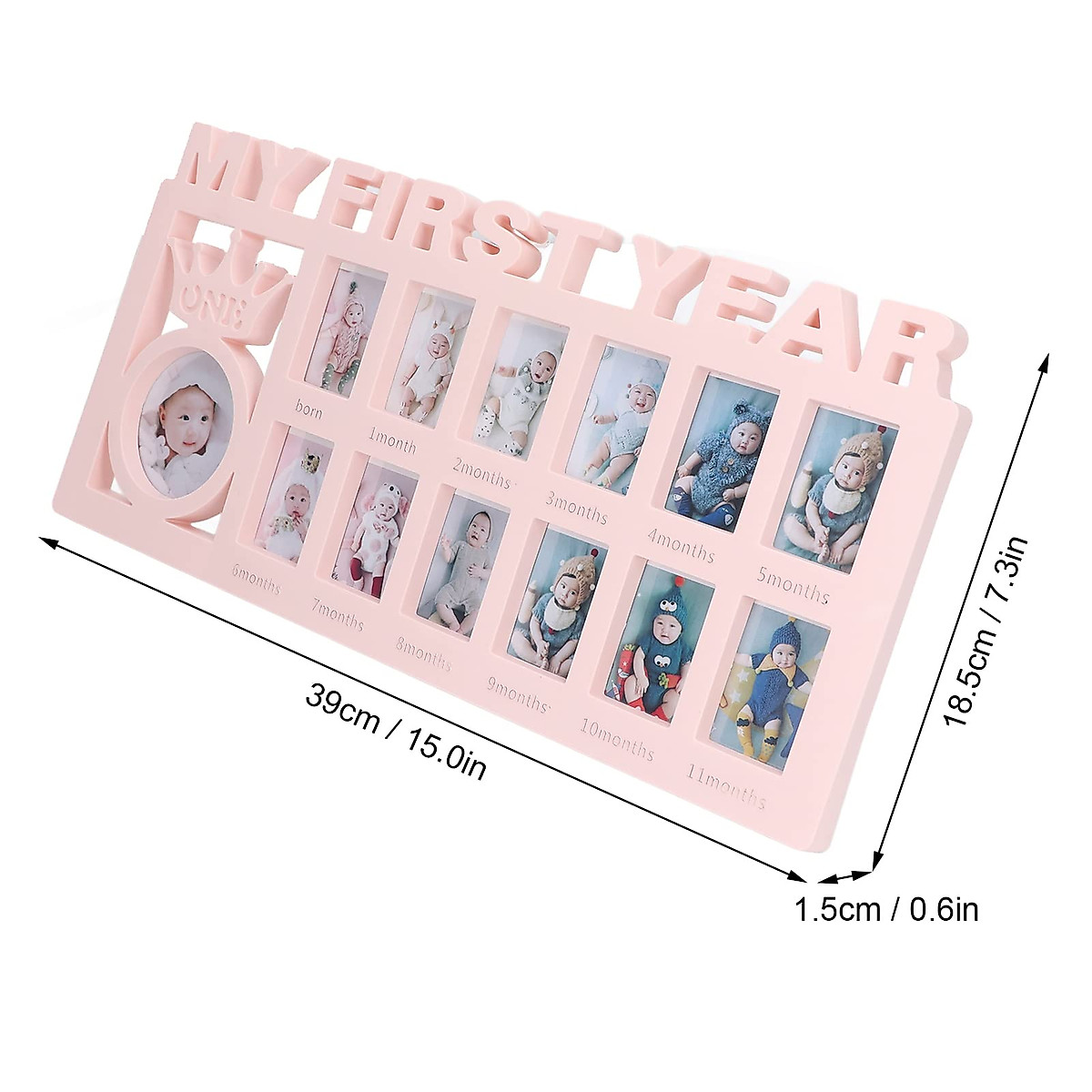 CHICIRIS Newborn Baby First Year Picture Frame with 12 Month Slots, Baby Monthly Collage Keepsake Frame for Photo Memories, White(pink)