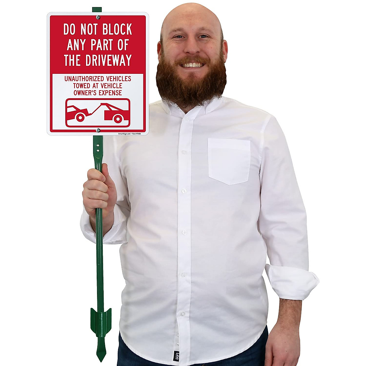 SmartSign 12" x 10" 'Do Not Block Any Part Of The Driveway Unauthorized Vehicles Towed' LawnBoss Yard Sign with 3 ft Stake, 40 mil Laminated Aluminum, Red and White, Set of 1, USA-Made