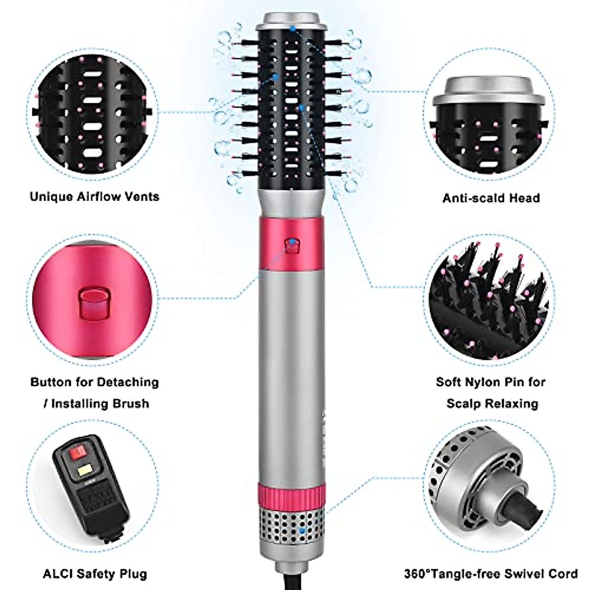 Hair Dryer Brush, Upgraded Detachable Hot Air Brush Set, with 4 Brush Heads Hair Dryer and Volumizer, Negative Ion Hair Dryer Brush for Reducing Frizz and Static
