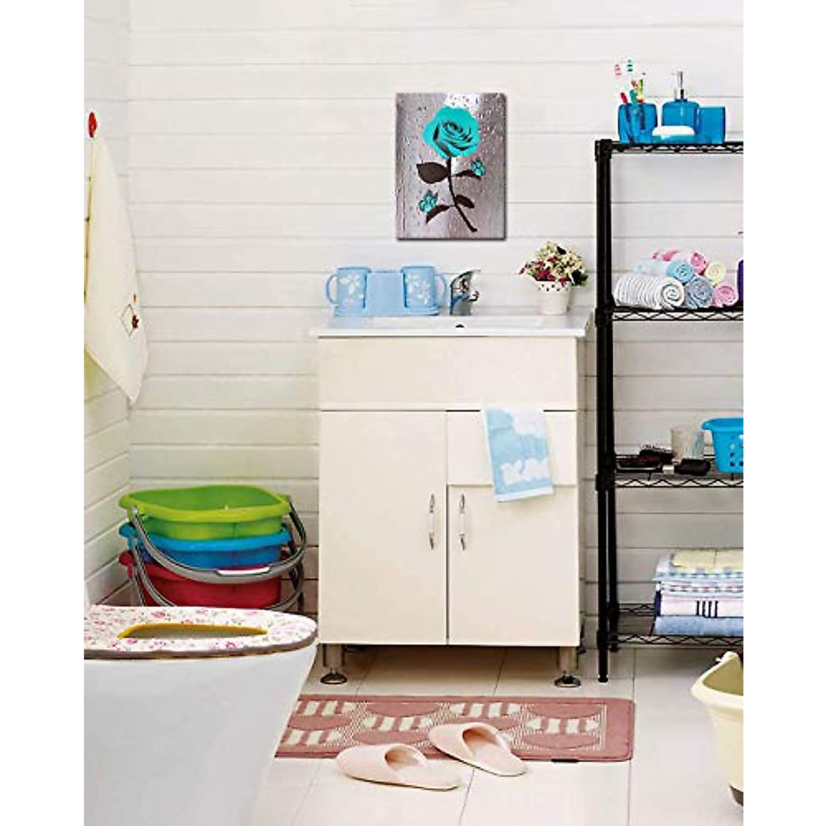 Rtriel Teal Rose Canvas Wall Art Turquoise Blue Flower Prints Contemporary Black and White Pictures for Bathroom Wall Decor 12 x 16 Inch