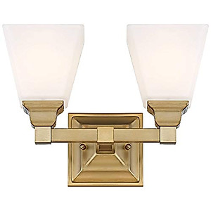 Regency Hill Mencino Opal Modern Wall Mount Light Warm Brass Gold Metal Hardwired 12 1/2" Wide 2-Light Fixture Etched Glass Shade for Bedroom Bathroom Vanity Reading Living Room Hallway