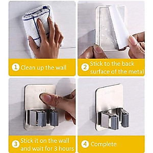 Mop Holder, Broom Holder Wall Mount-2 pack,304 Stainless Steel Self-adhesive Hanger Tool Manager Wall Storage Mounted in Garage,Kitchen,Tool room and Bathroom