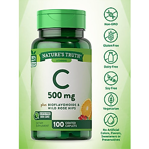 Vitamin C with Rose HIPS and Bioflavonoids | 500mg | 100 Caplets | Vegetarian, Non-GMO & Gluten Free | by Nature's Truth.