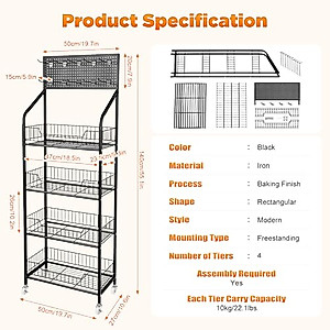 4-Tier Display Snack Rack,22.1lbs Load Metal Storage Shelf with Wheels & Hooks,10.2In Adjustable Tier Spacing Freestanding Snack Shelf Organizer for Pantry Kitchen Home Theater