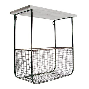 VIP Home and Garden Wooden Floating Shelf with a Metal Basket, Wall Mounted, Farmhouse Décor, 16 Inches, White, Brown