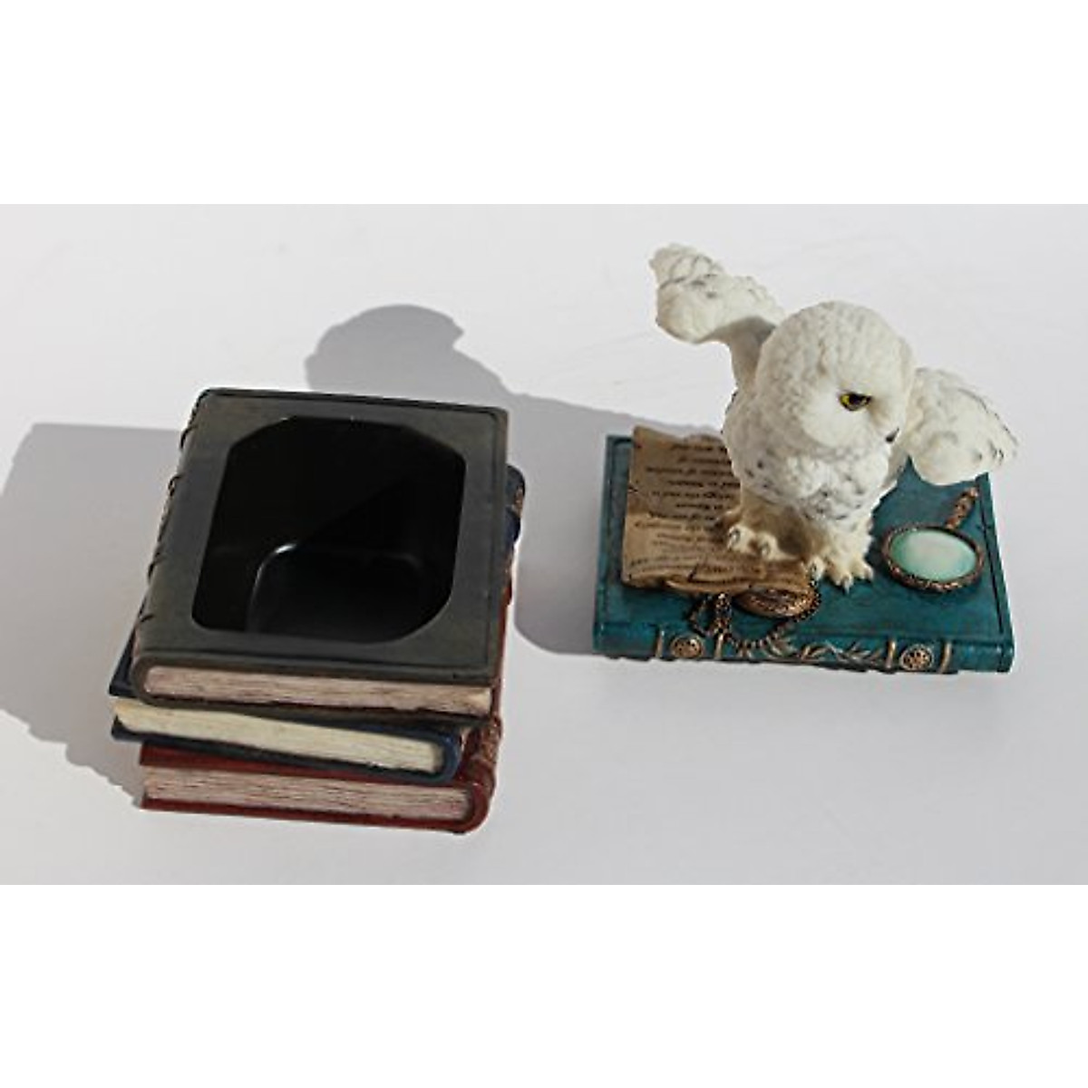 US 4.75 Inch Snow Owl Flap Wings on Books Trinket Box, White Color