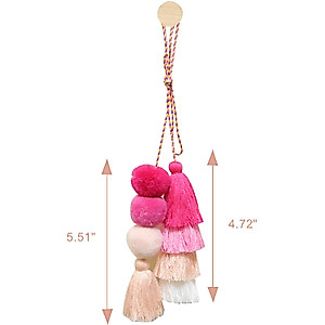 QTKJ Colorful Bohemian Pompom Tassel Keychain Handbags Straw Bag Charms Ornaments Key Ring Pompom Pendant（Pink 1）