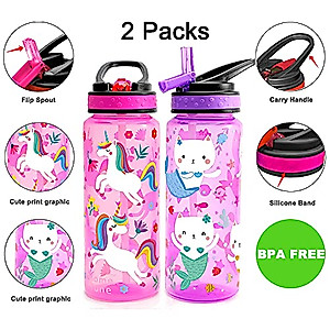 Home Tune 23oz Kids Water Drinking Bottle 2 Pack - BPA Free, Flip Straw Lid Cap, Lightweight, Carry Handle, Leak-Proof Water Bottle with Cute Design For Girls & Boys - Unicorn & Kitty Mermaid
