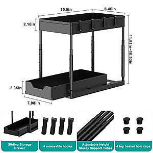 Adjustable Height Under Sink Organizers and Storage, 2 Tier Sliding Bathroom Organizer Under Sink,Multipurpose Under Kitchen Sink Organizers and Storage With 4 Hooks for Bathroom Kitchen Desktop
