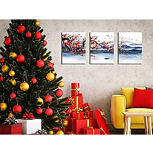 Canvas Art Wall Decor for Bedroom 3 Pieces Framed Wall Art Modern Wall Decor for Bathroom Mountain Lake Plum Blossom Theme Art Prints Modern Wall Art Artwork for Kitchen Home Walls 12x16 Each Panel