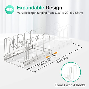 Puricon Expandable Pot and Pan Organizer for Cabinet with 10 Dividers, Adjustable Pots and Pans Organizer Rack Pan Lid Cookware Bakeware Baking Storage Holder for Kitchen Countertop Pantry -White