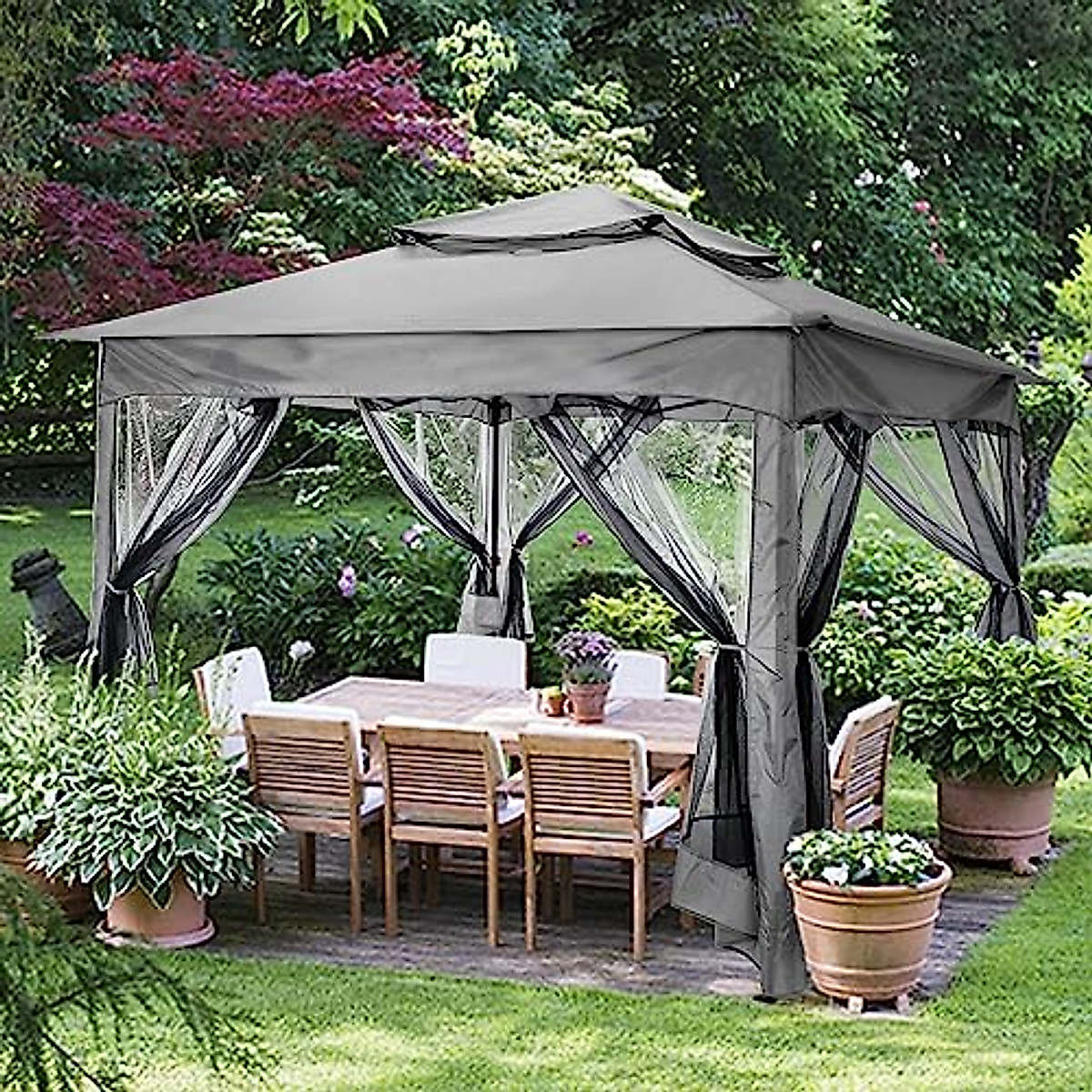 TABU 11x11 Pop Up Gazebo, Outdoor Canopy Tent, Pop-Up Gazebo Tent with Mosquito Netting, Pop-Up Gazebo Shelter with Zippered Screen Wall Panels for Patio Garden Backyard (Dark Grey)