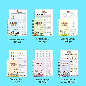 Magic Practice Copybook, Reusable Practice Calligraphy Tracing Book Set with Chinese, English, Painting, Spelling, Digital, Math