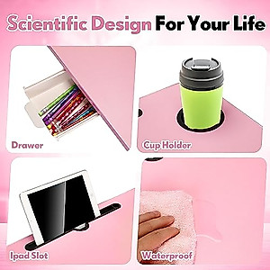 Sintuff 2 Pcs Laptop Bed Desk Foldable Lap Tray with Drawer Cup Holder Large Lap Desk Portable Bed Laptop Table for Breakfast Laptop Bed Tray for Writing Reading on Bed Low Sitting Floor (Black Pink)