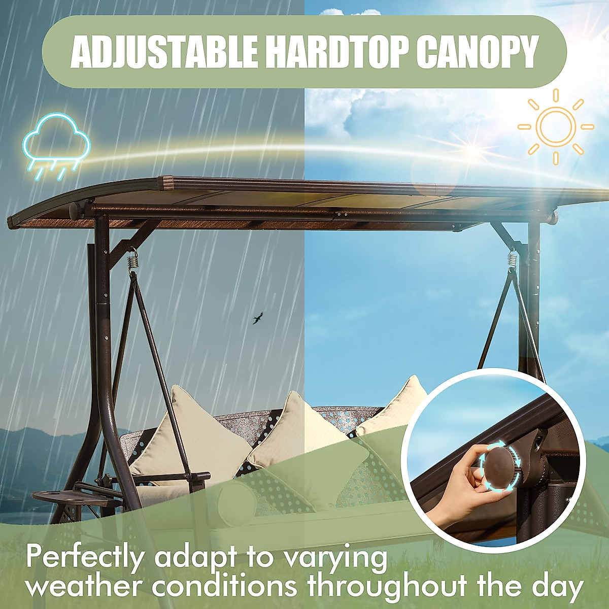 Yalissey 3-Seat Patio Porch Swing with Adjustable Hardtop,3 in 1 Convertible Outdoor Porch Swing for Adults,Patio Swing with Thicken Cushions,Pillows & Cup-Holders for Porch,Backyard,Garden (Beige)