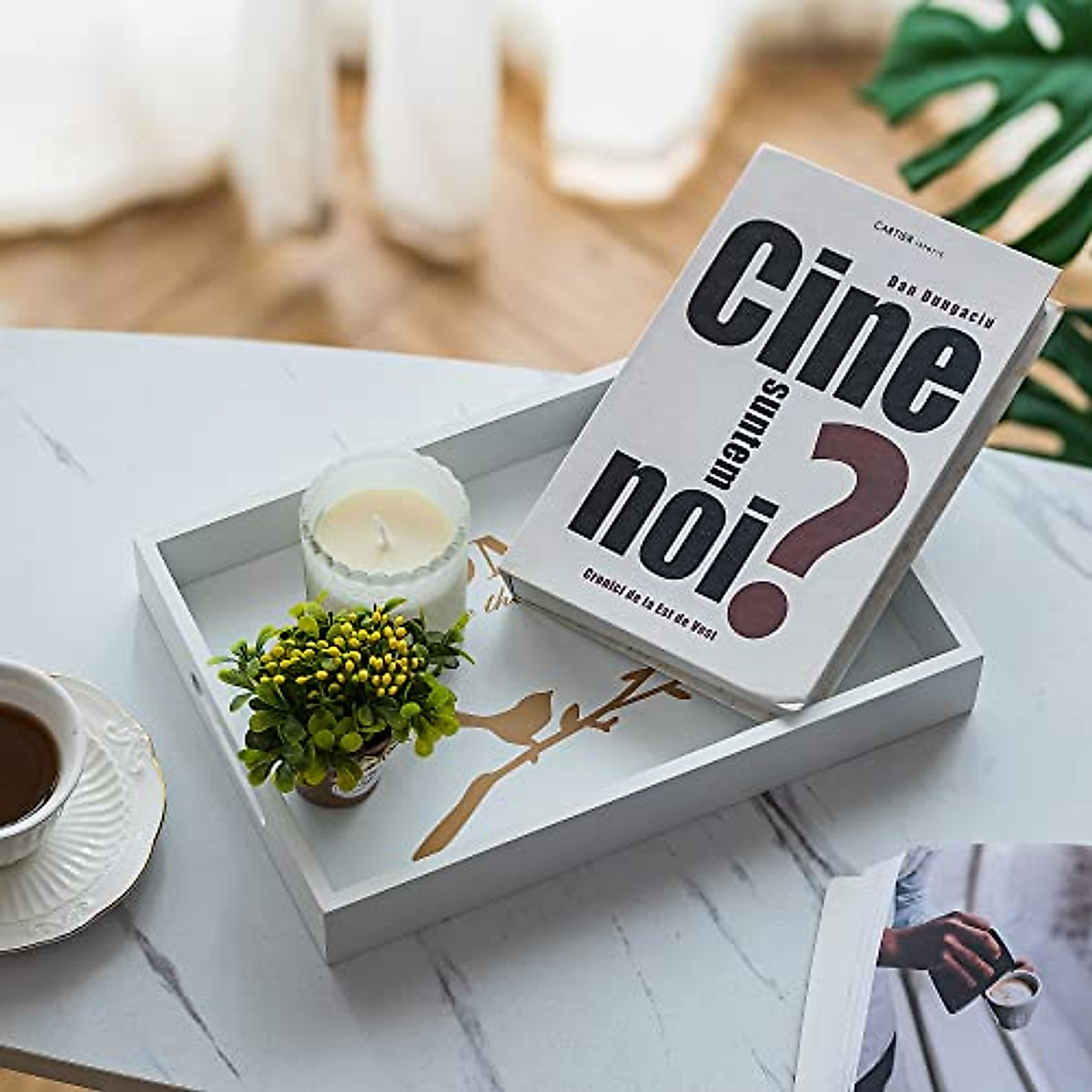 Hanobe White Decorative Coffee Tray: Coffee Table Trays for Living Room Wood Trays Home Decor Farmhouse Rectangular Serving Tray with Cutout Handles