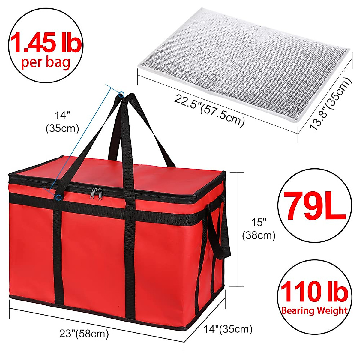 CIVJET 2-Pack Insulated Food Delivery Bag with Hard Bottom, XXX-Large Insulated Reusable Grocery Cooler/Hot Bags, Tote Bag for Shopping/Travel/Doordash, Red
