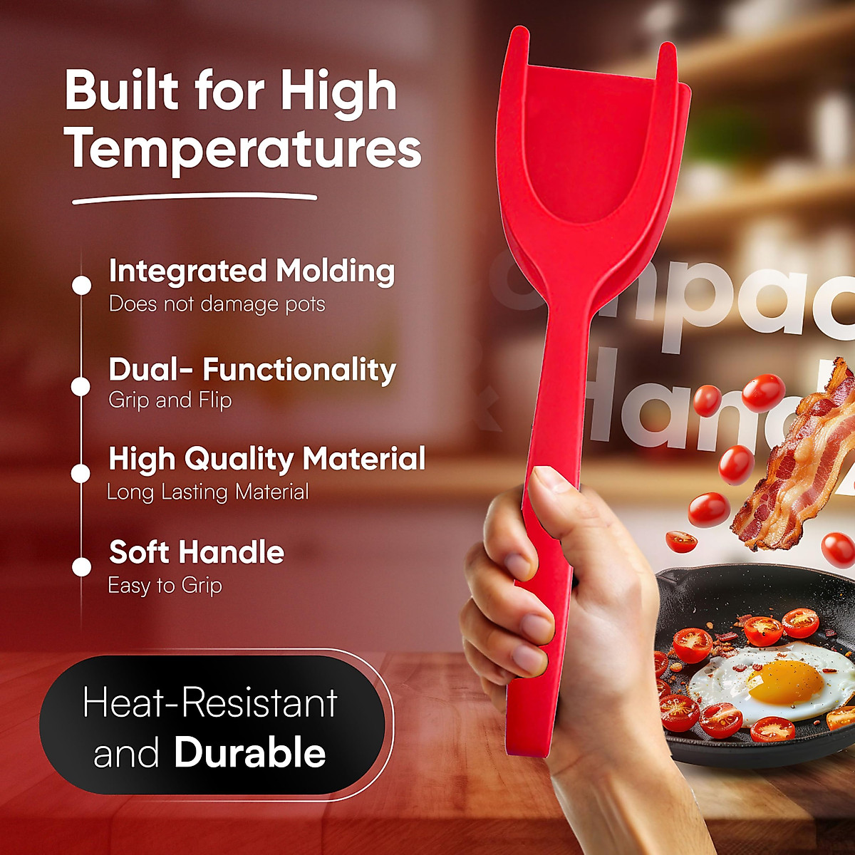 Egg Flipper Spatula Tongs Set of 2 PCS - 2 in 1 Grip and Flip Spatula Tong Multi-Purpose Use Non-Stick Kitchen Flipper Spatula For Bread Fish Pancake Toast Home Kitchen Cooking Tool (Black + Red)