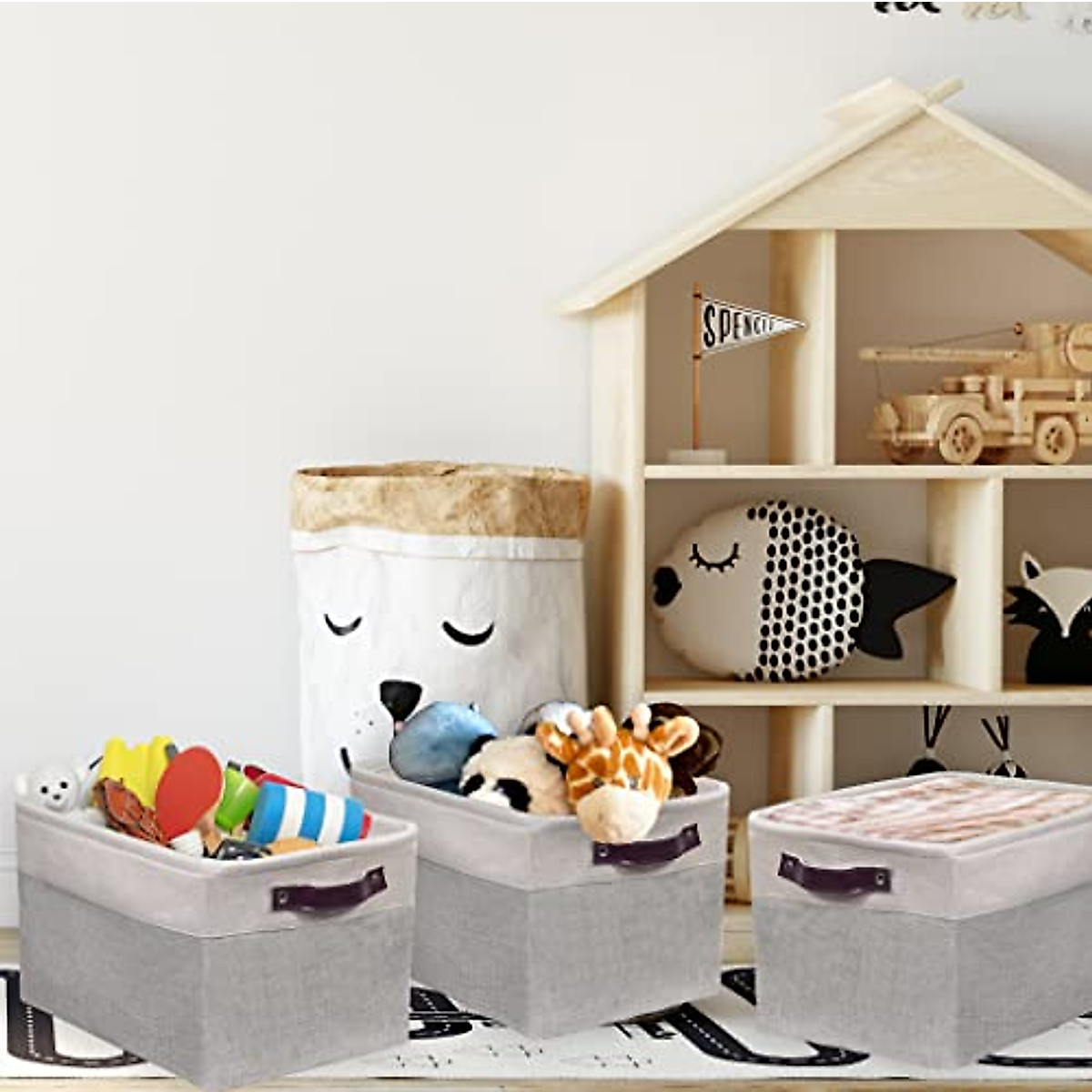 Simple Houseware 3 Pack Grey Fabric Storage Bin with Leather Like Handles