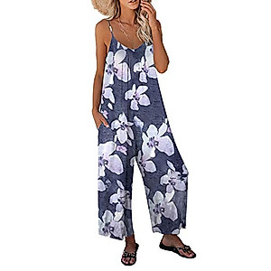 Dokotoo Women's Loose Plus Size Jumpsuits for Women Adjustable Spaghetti Strap Stretchy Wide Leg Flower Floral Print One Piece Sleeveless Long Pant Romper Jumpsuit with Pockets Multicolor Medium
