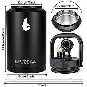LiqCool 1 Gallon Water Jug, 128oz Insulated Water Bottle, Large Vacuum Gallon Stainless Steel Water Bottle With Handle, Wide Mouth Leak Proof Thermo Bottle for Outdoors Camping, Black