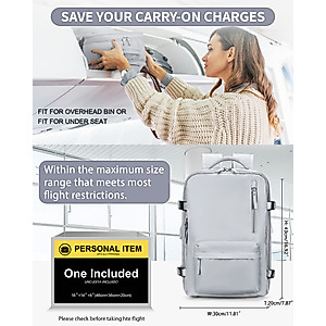 Carry On Backpack for Women, Airline Approved Personal Item Large Travel Backpack Flight Approved, Waterproof Laptop Bag Business Work Gym Backpacks Men Grey Mochila De Viaje