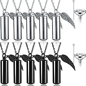 10 Pieces Cylinder Cremation Urn Necklace with Angel Wing Stainless Steel Memorial Keepsake Pendant Cremation Necklaces for Ashes for Women Men Urn Jewelry Sets Keepsake Urns Necklace with Filling Kit