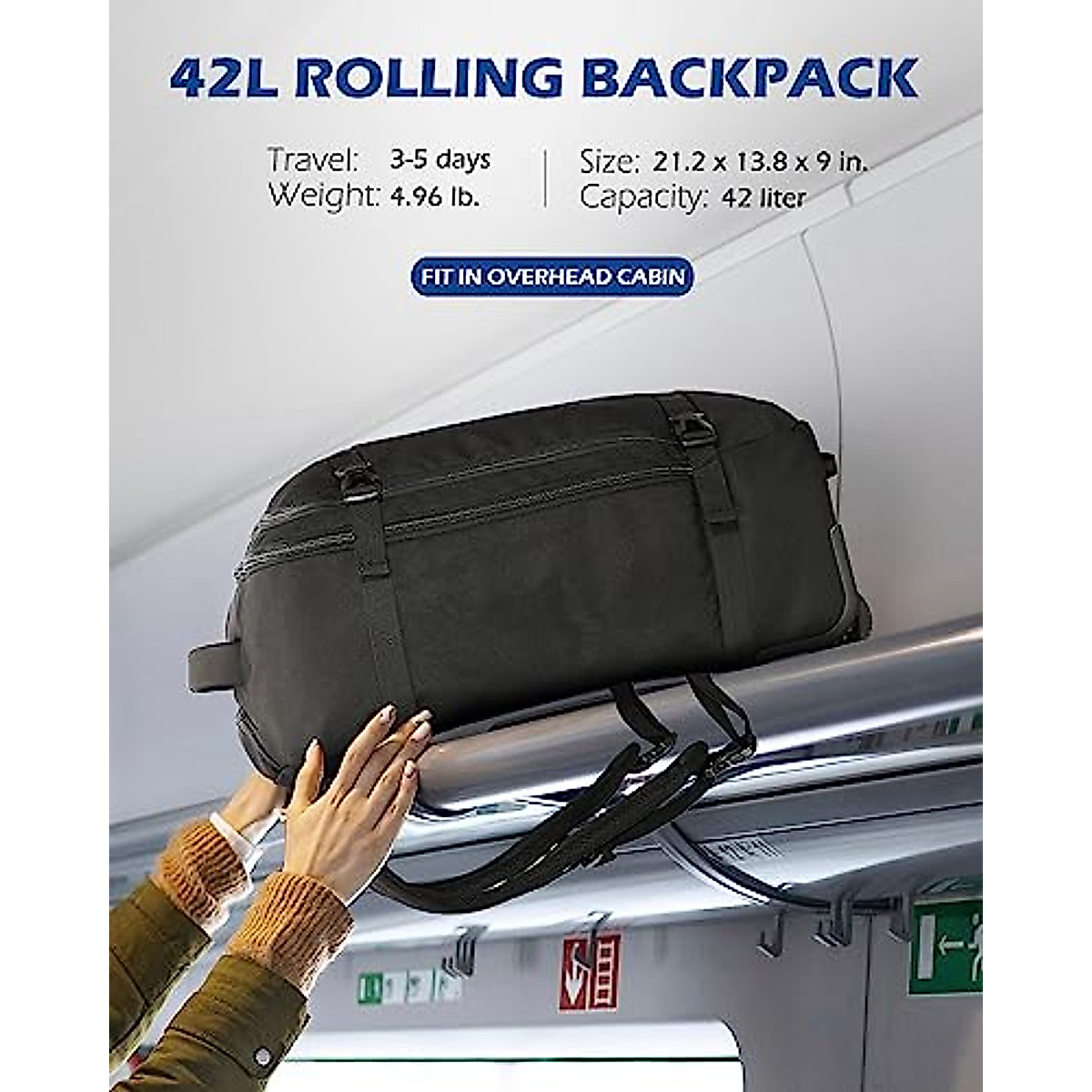 Hynes Eagle Rolling Backpack 42L Backpack with Wheels Airline Approved Carry on Luggage Laptop Travel Backpack for Women Men Black-2023