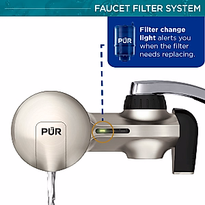 PUR PLUS Horizontal Faucet Mount Water Filtration System, 3-in-1 Lead Reducing Filter for Great-Tasting Filtered Tap Water, Lasts 100 Gallons, Fits Most Kitchen or Bathroom Faucets, Stainless Steel