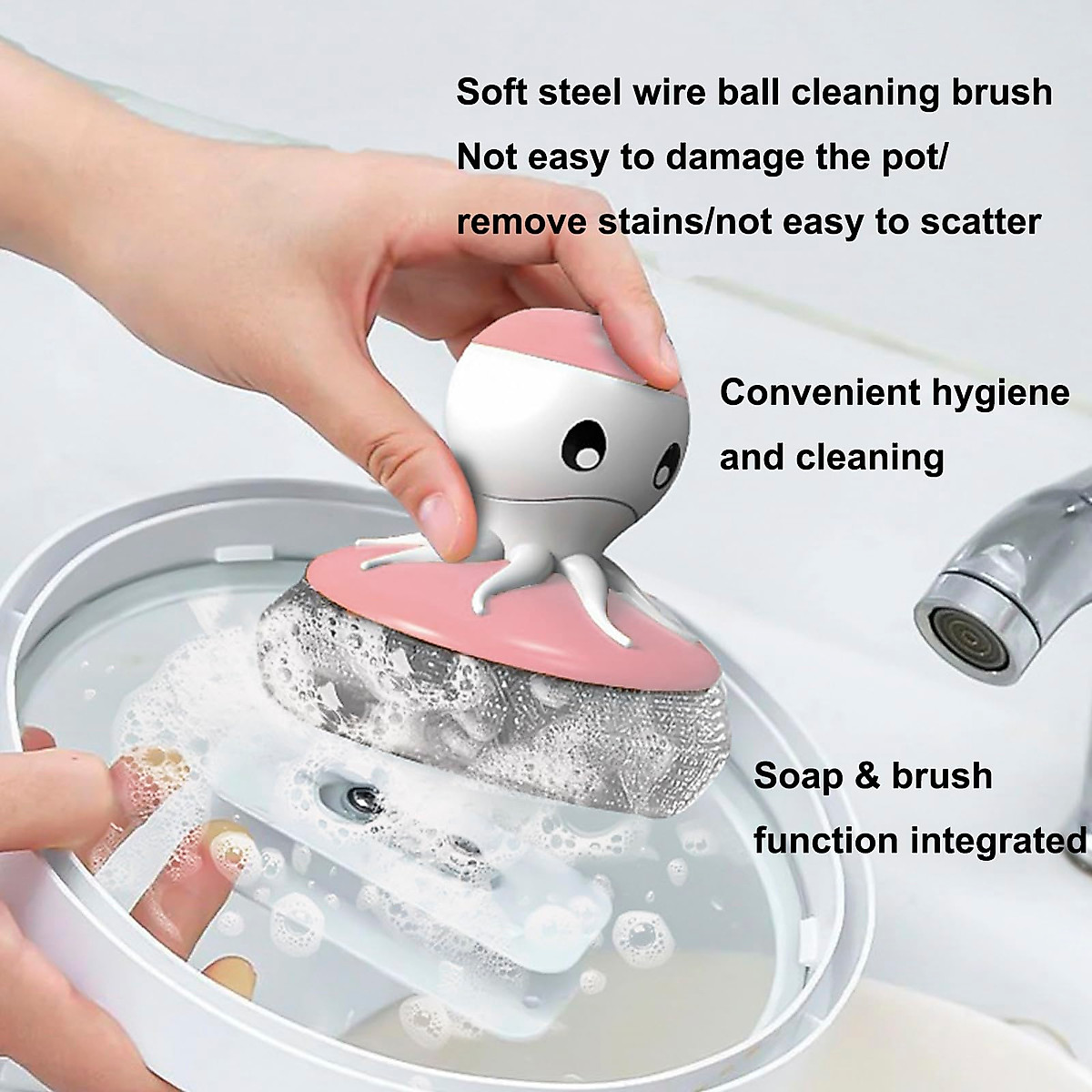 Soap Dispensing Brush(2 Pieces), Press to Automatically Add Liquid, Soap Dispensing Palm Brush Kitchen Brush with Holder for Pan Sink/Kitchen/Stove Sleaning—Pink Green