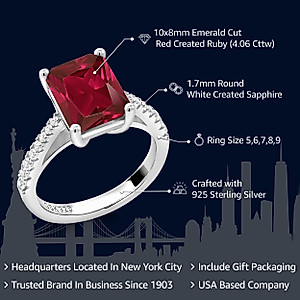Gem Stone King 925 Sterling Silver Red Created Ruby and White Created Sapphire Ring For Women (4.06 Cttw, Emerald Cut 10X8MM, Available In Size 5, 6, 7, 8, 9)