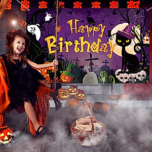 WovWeave Halloween Birthday Party Decorations 5.9 x 3.6 ft Happy Birthday Backdrop Banner Black Cat Evil Pumpkin Ghost Skull Banner for Halloween Birthday Photo Booth Background Indoor Outdoor Decor