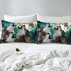Erosebridal Wolf Bedding Sets Moon Stars Fitted Sheet Safari Animals Bed Sheets for Kids Boys Girls Adults Nebula Marble Galaxy Space Wolves Top Flat Sheet with 2 Pillow Cases Bedroom Decor Full