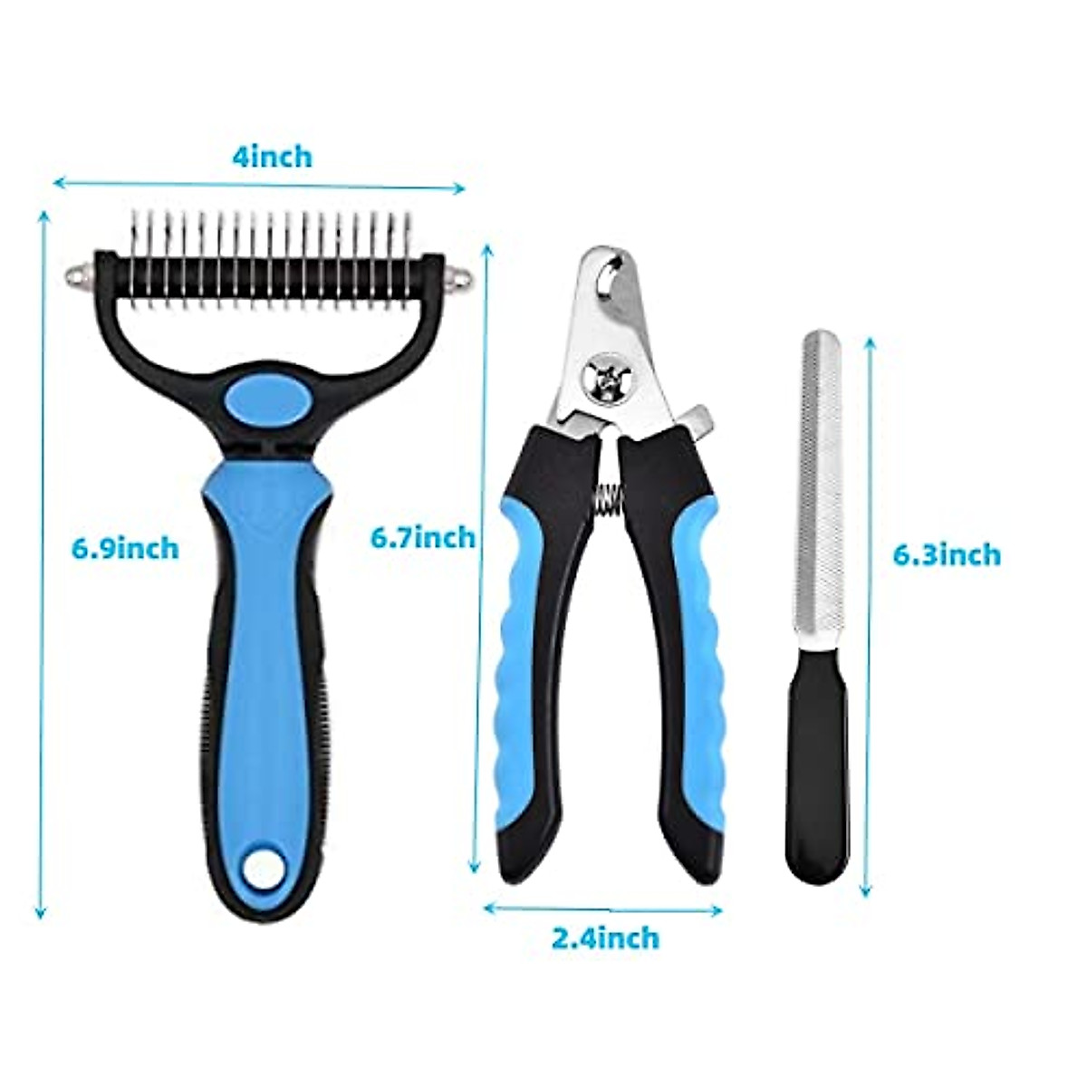 Pet Grooming Tools Set - 1 x 2 sided undercoat rake for dogs and cats , 1 x pet nail clipper, 1 x nail grinder file (blue)